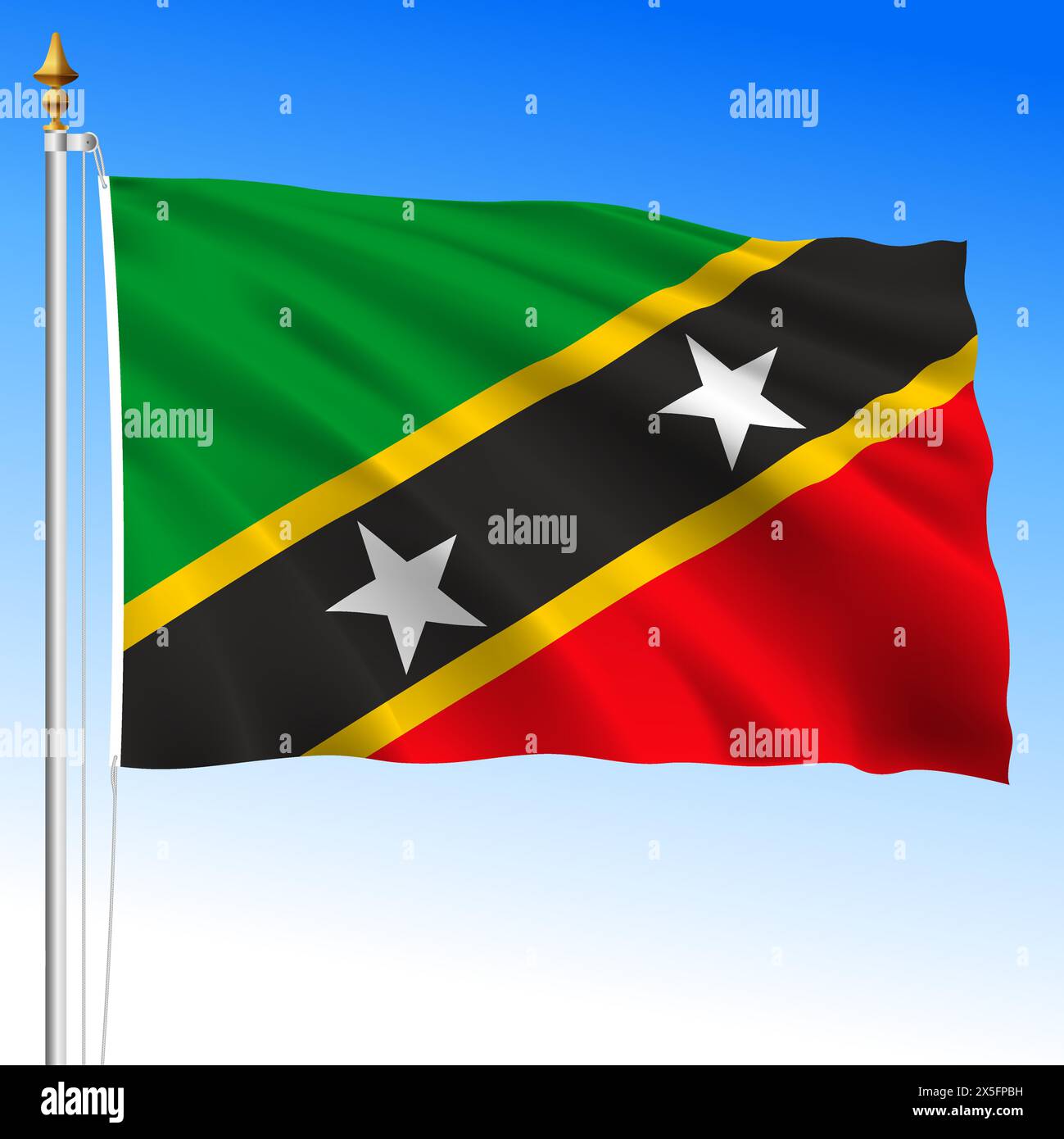 Saint Christopher and Nevis, Saint Kitts, official national waving flag, caribbean, vector ...