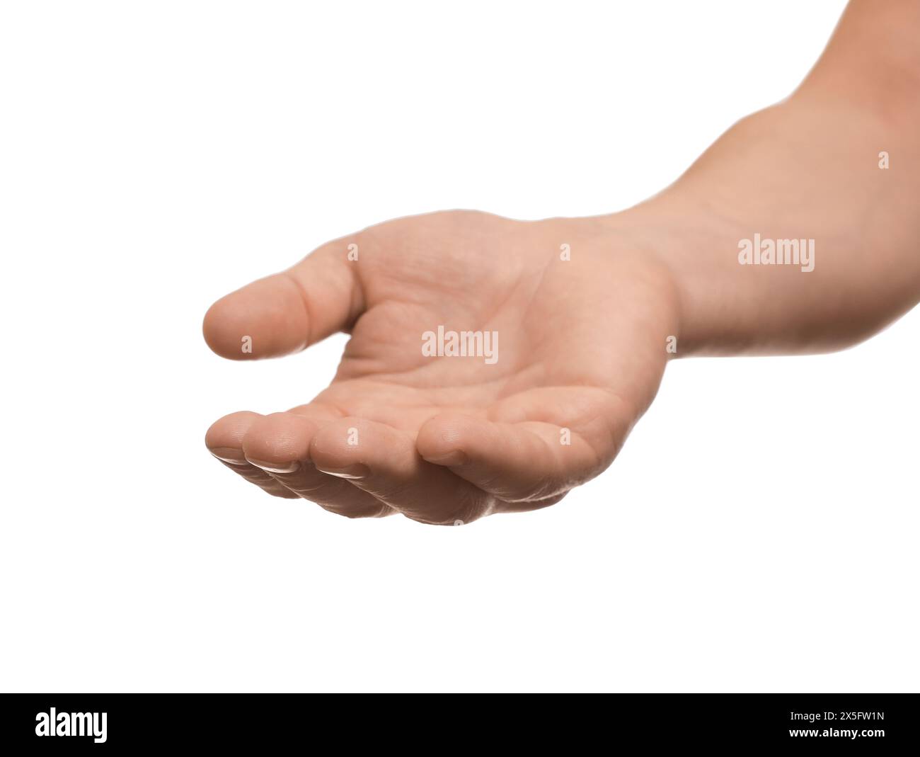 Man holding something in hand on white background, closeup Stock Photo ...
