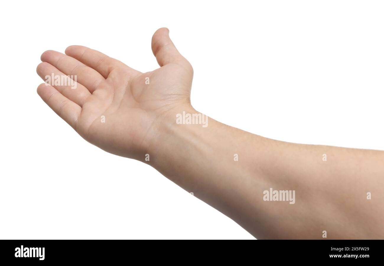 Man welcoming on white background, closeup of hand Stock Photo - Alamy