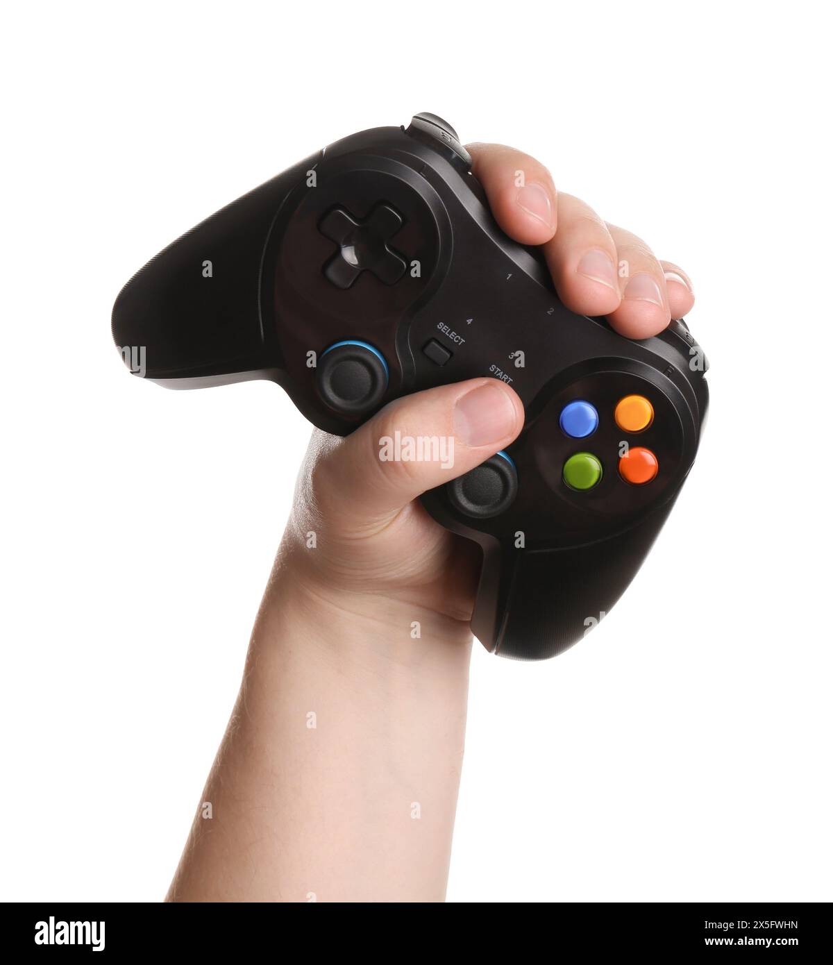 Woman holding wireless game controller on white background, closeup ...