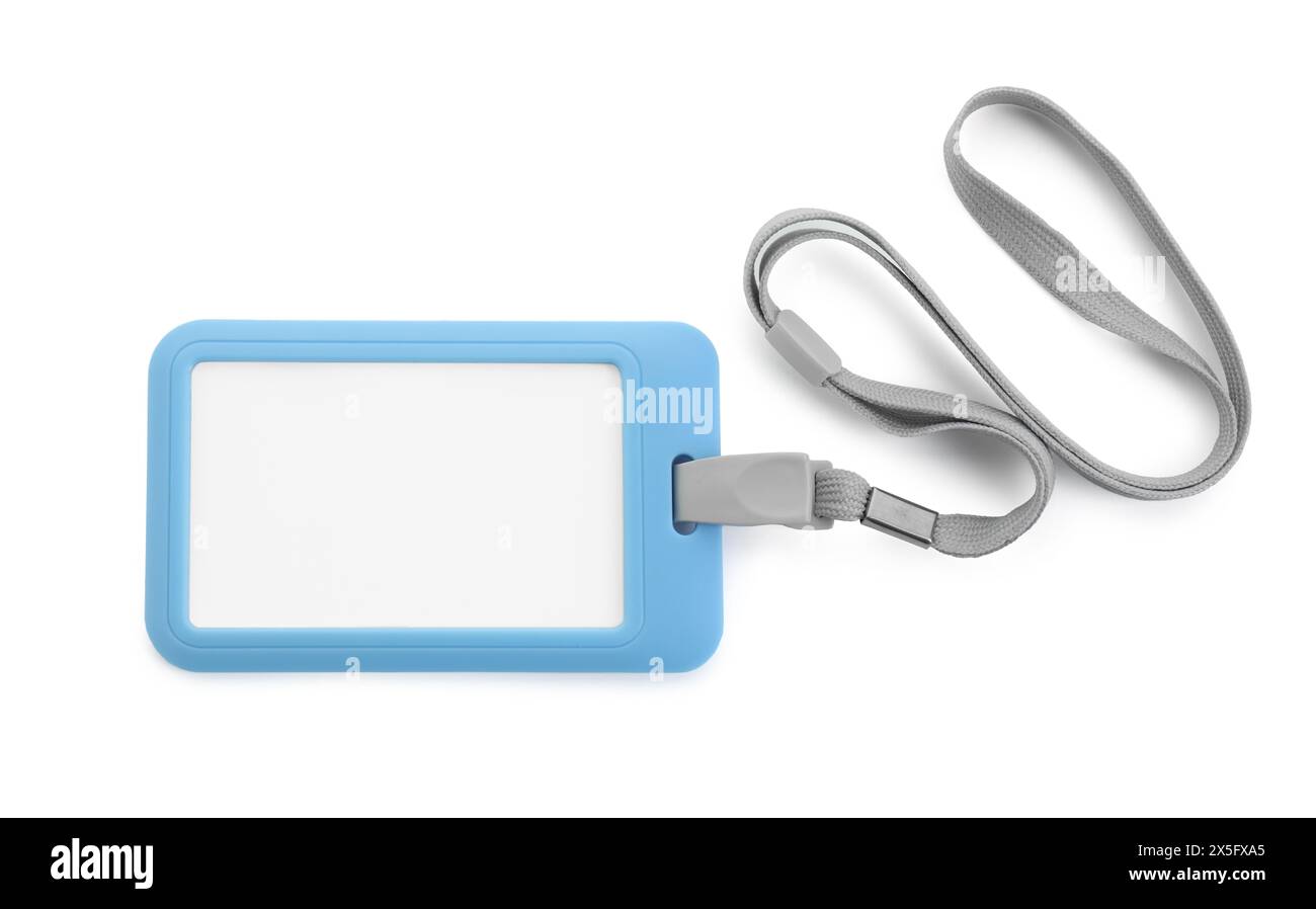 Blank light blue badge with string isolated on white, top view Stock ...