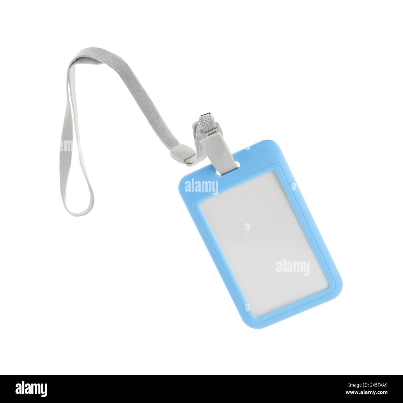 Blank light blue badge with string isolated on white Stock Photo - Alamy