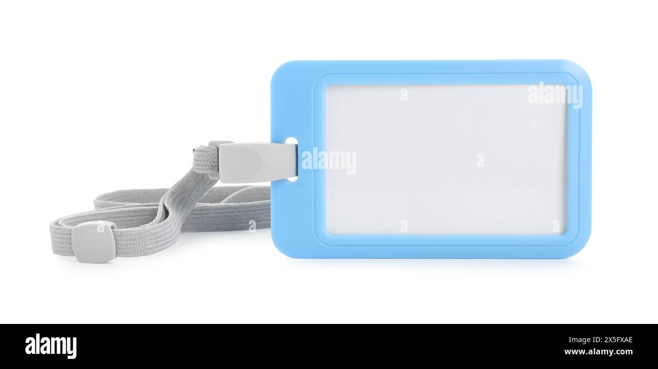 Blank light blue badge with string isolated on white Stock Photo - Alamy