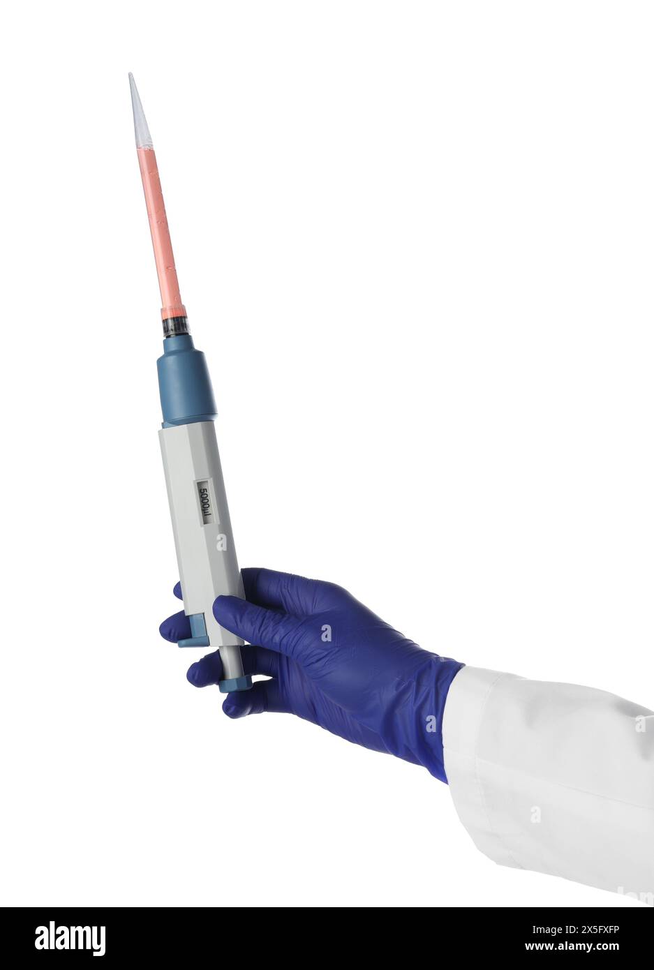 Laboratory analysis. Scientist holding micropipette on white background ...