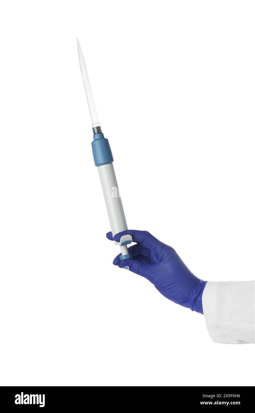 Laboratory analysis. Scientist holding micropipette on white background ...