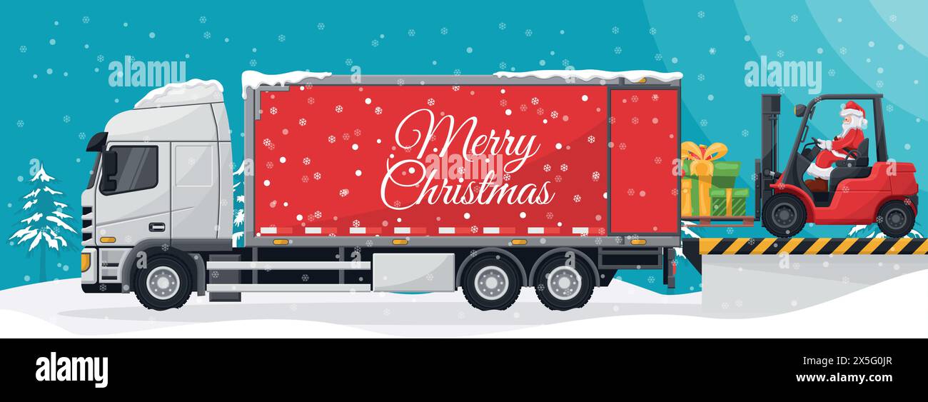 Santa Claus driving a forklift. Loading gifts to a container truck at ...