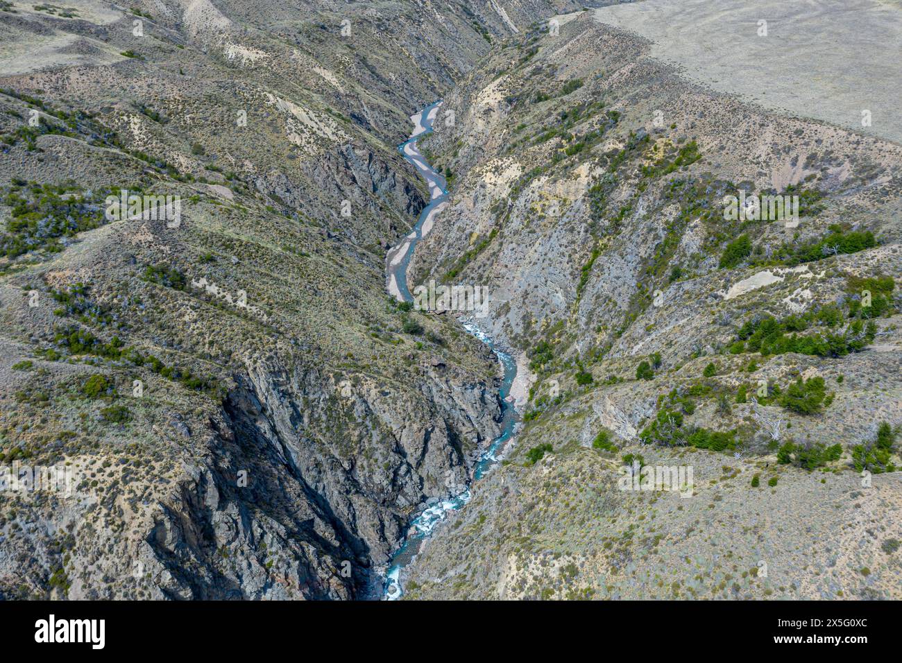 Canyon of river Rio Aviles in the arid landscape of Parque Patagonia ...