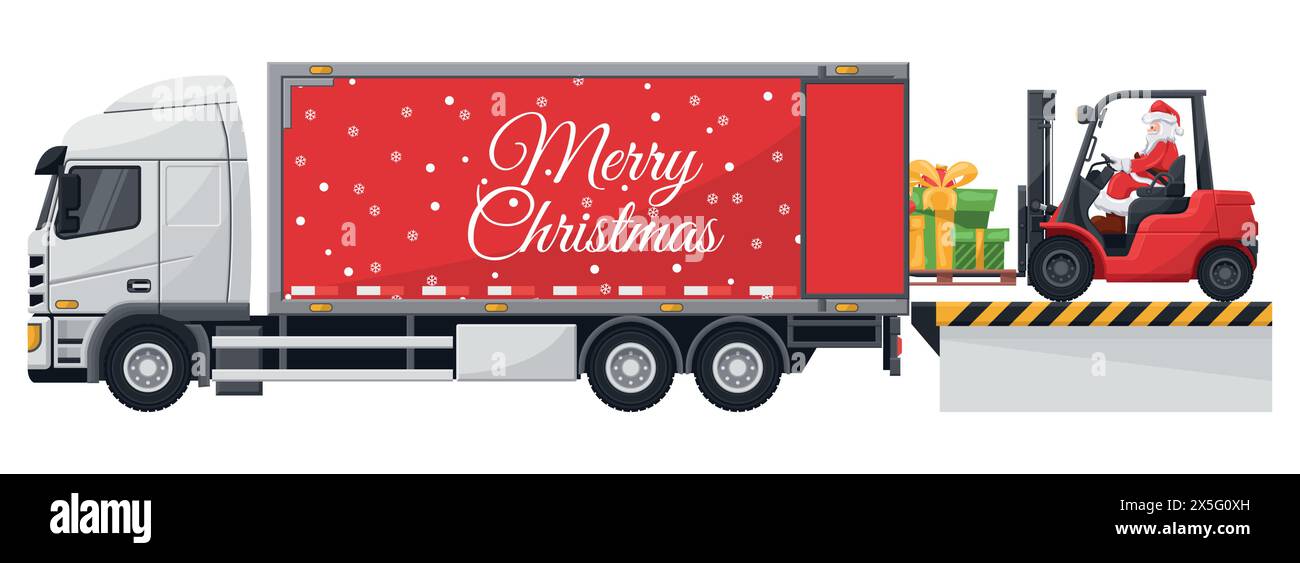 Santa Claus driving a forklift loading gifts to a container truck at ...