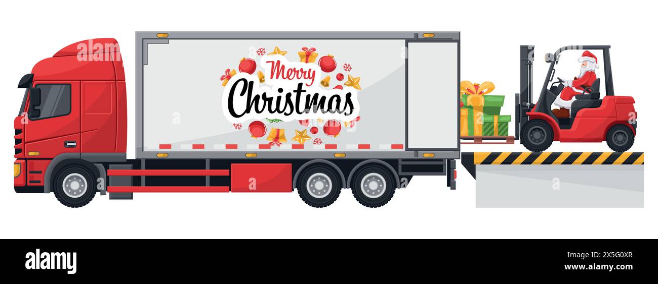 Santa Claus driving a forklift loading gifts to a container truck at ...