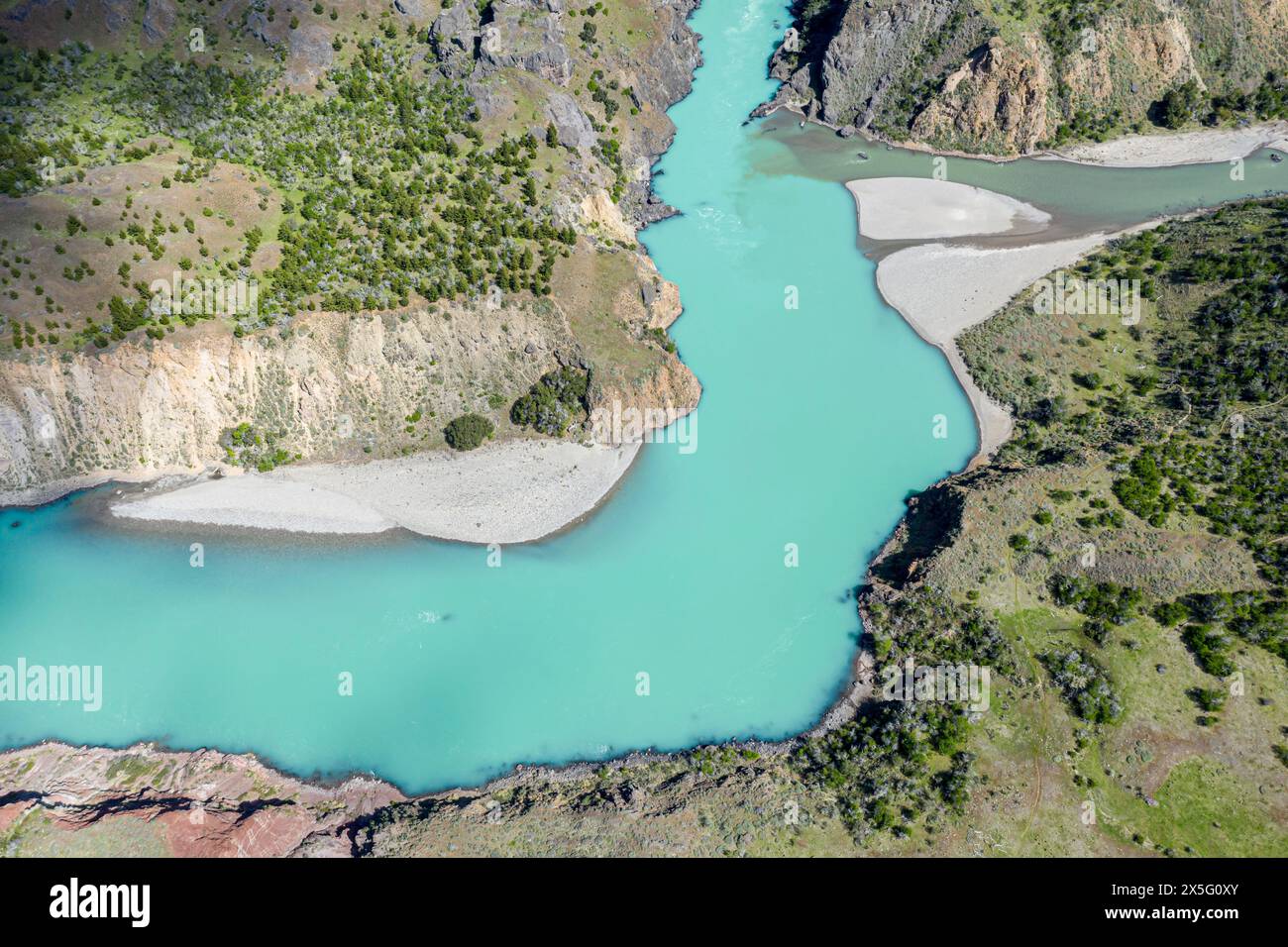 Confluence of river Rio Baker and Rio Chacabuco, aerial view, muddy ...