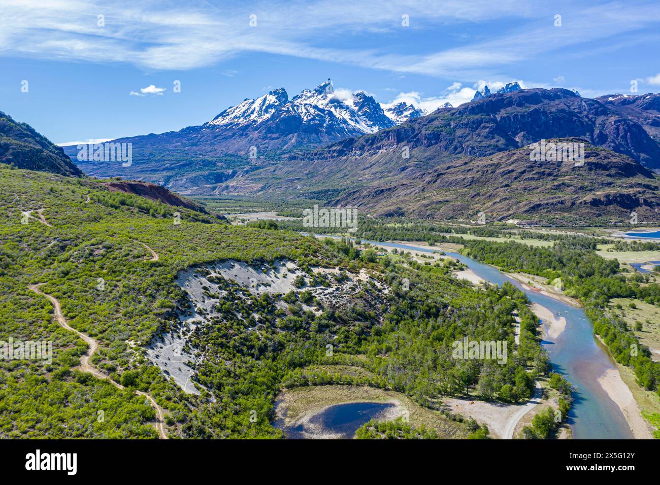 Aerial view over river Rio Tranquilo to mountain range of San Lorenzo ...