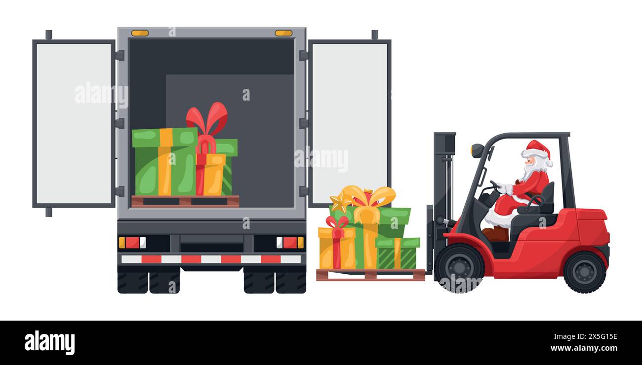 Santa Claus driving a red forklift loading gift boxes into a container ...