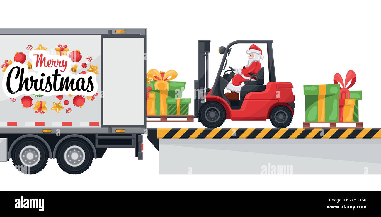 Santa Claus driving a forklift loading gifts to a container truck at ...