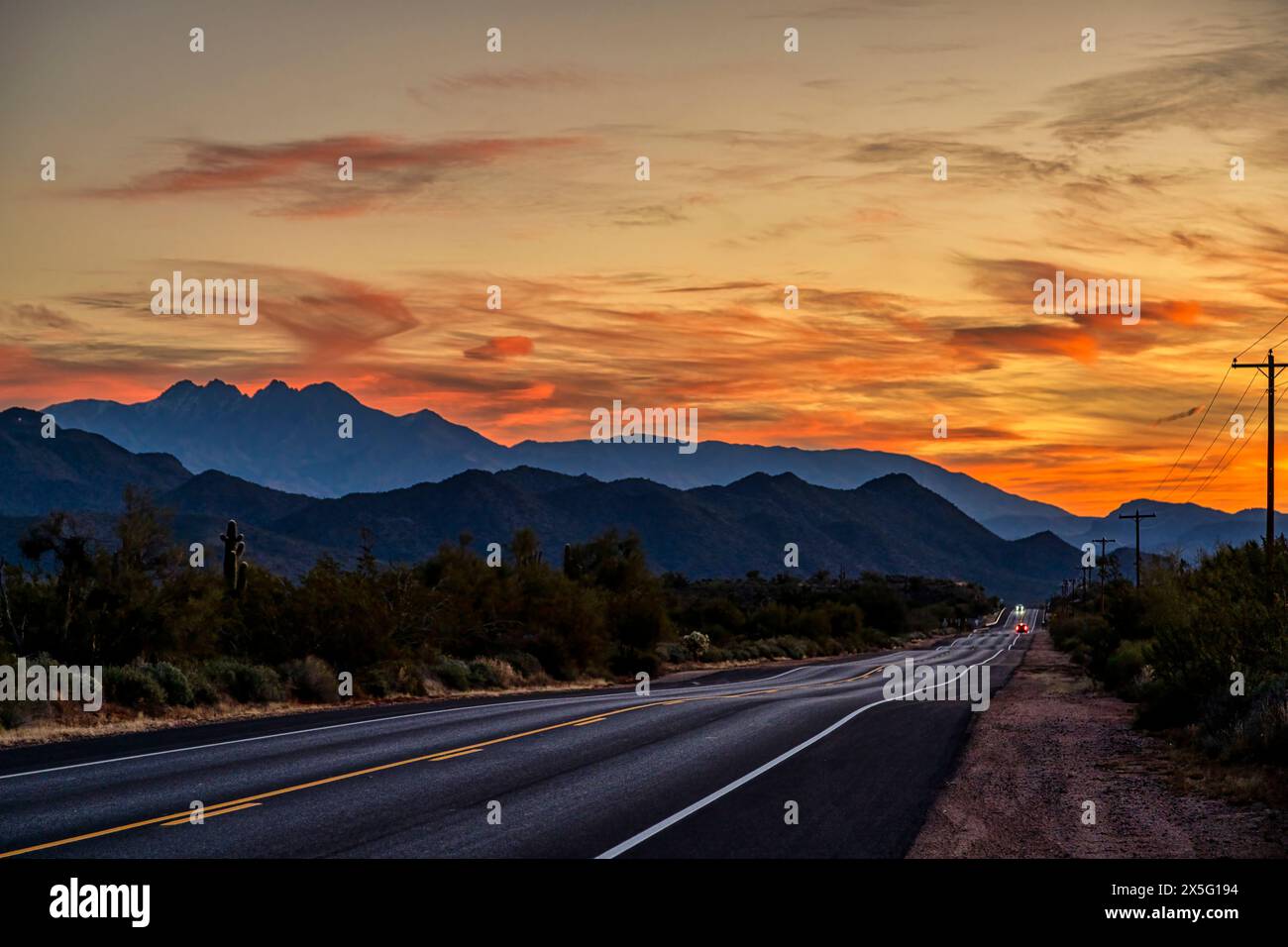Sunrise view of Four Peaks from the Bush Highway near Phoenix, Arizona ...