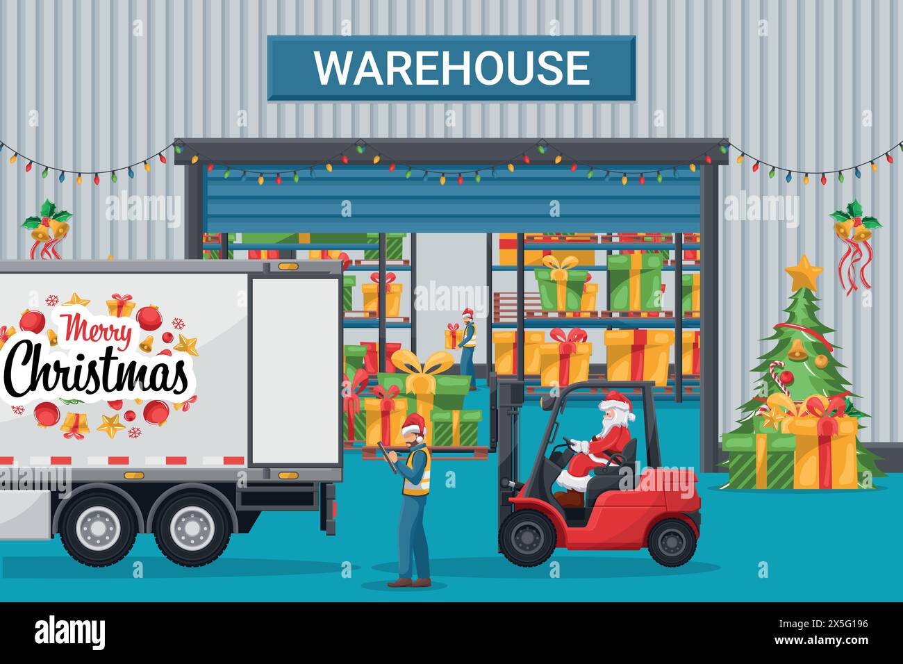 Warehouse decorated with lights and Christmas tree. Santa Claus driving ...