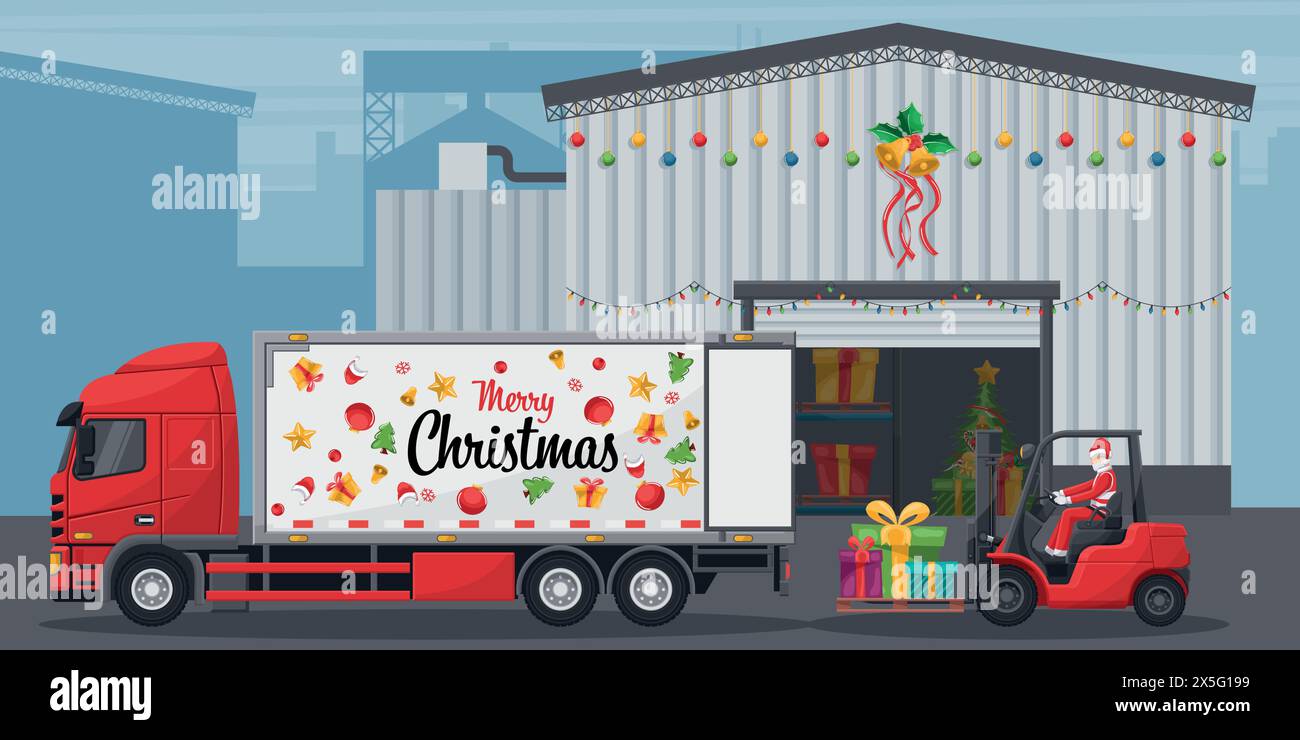 Exterior of a warehouse decorated with christmas lights. Santa Claus ...