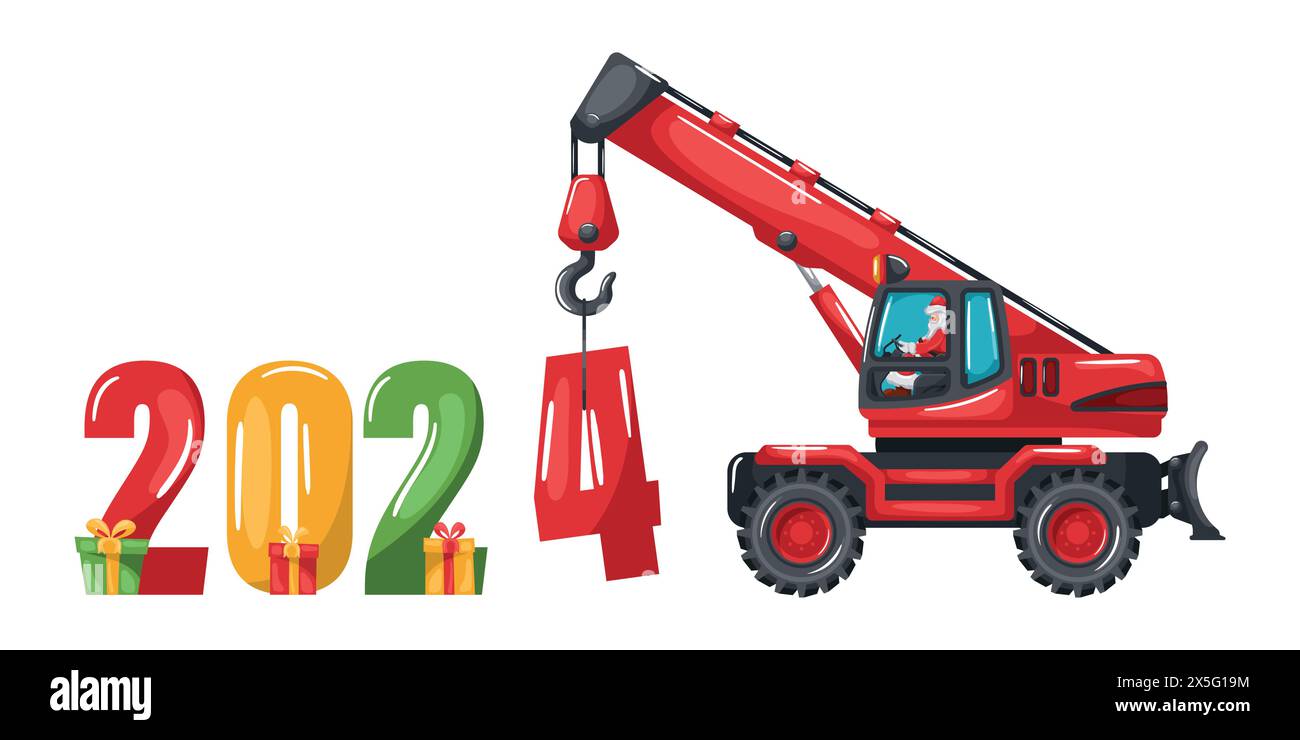 Santa Claus driving red wheeled telescopic crane placing the year 2024 ...
