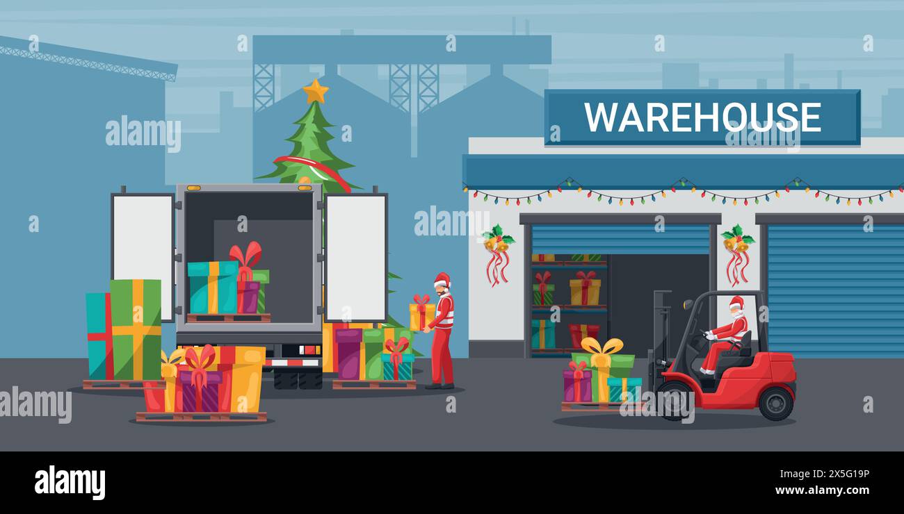 Exterior of a warehouse decorated with christmas lights. Santa Claus ...