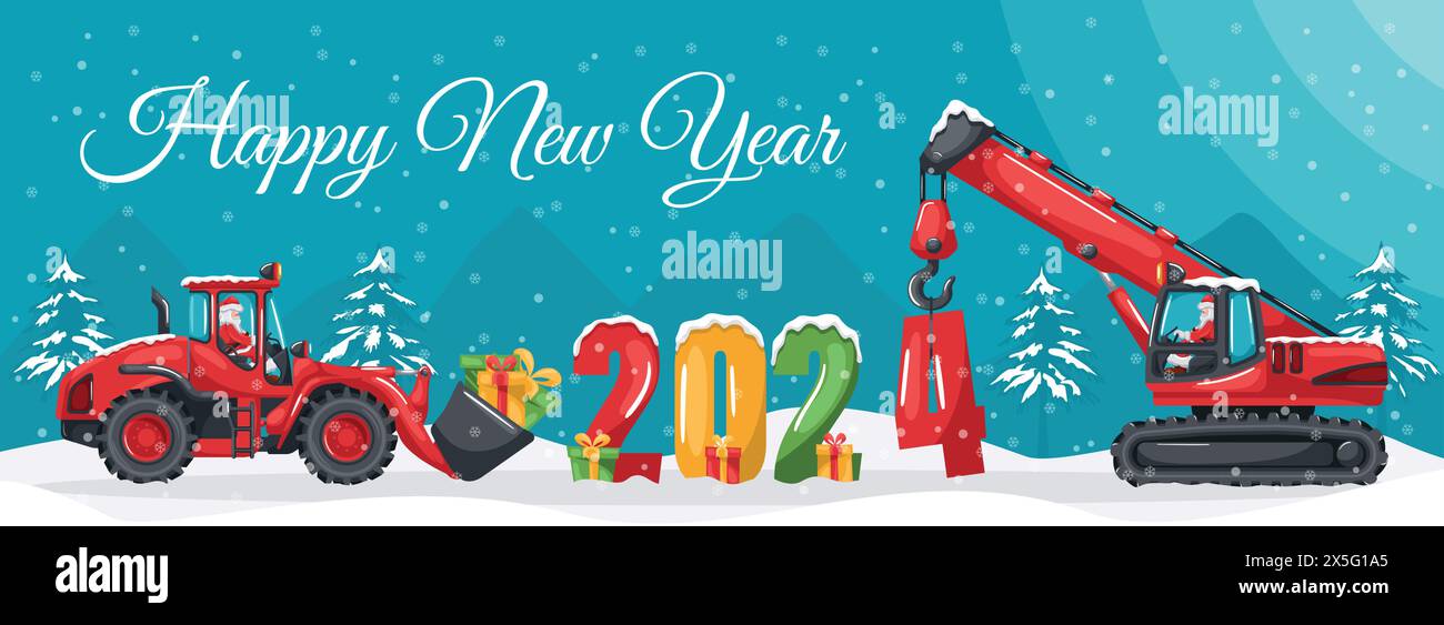 Santa Claus driving front loader carrying gifts. Telescopic crawler or ...