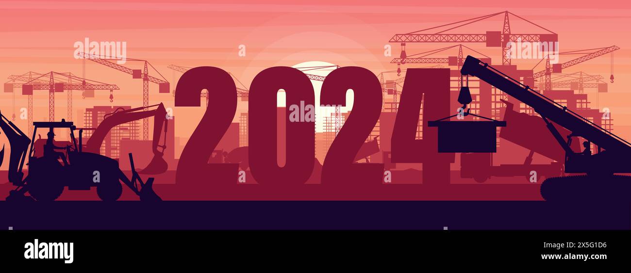 Sunset in a city under construction with the year 2024. Panoramic view ...