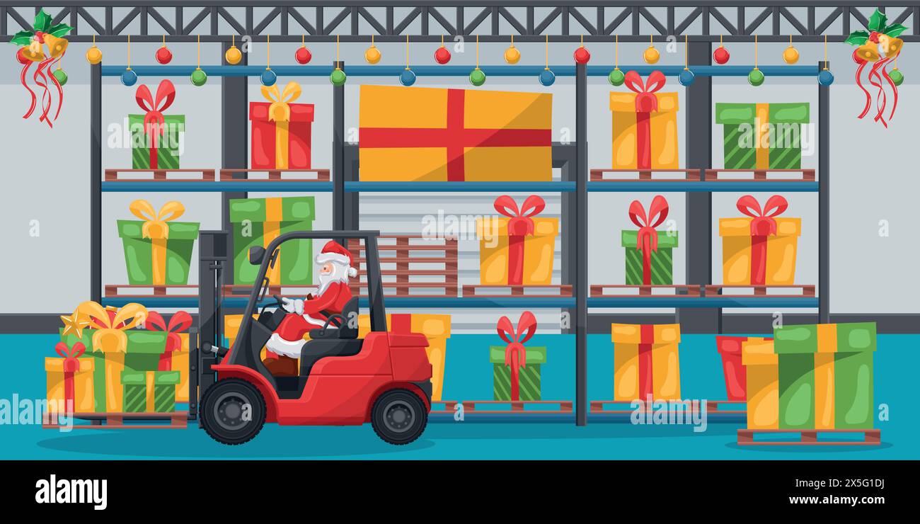 Industrial warehouse with pallet racks with gift boxes. Santa Claus ...