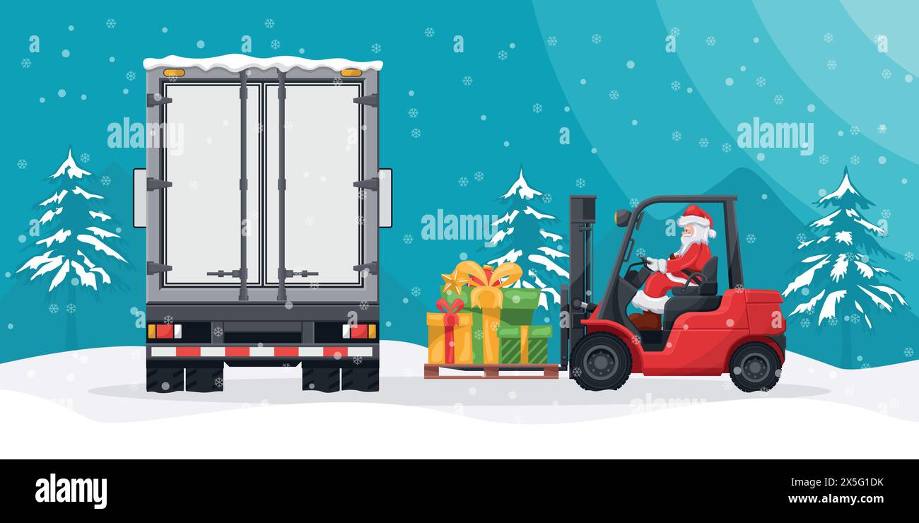 Santa Claus driving a forklift. Loading gifts to container truck ...
