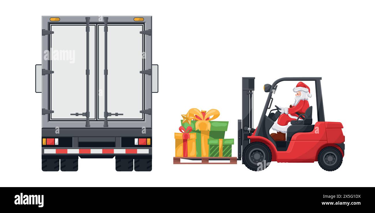 Santa Claus driving a red forklift . Loading gift boxes into a ...