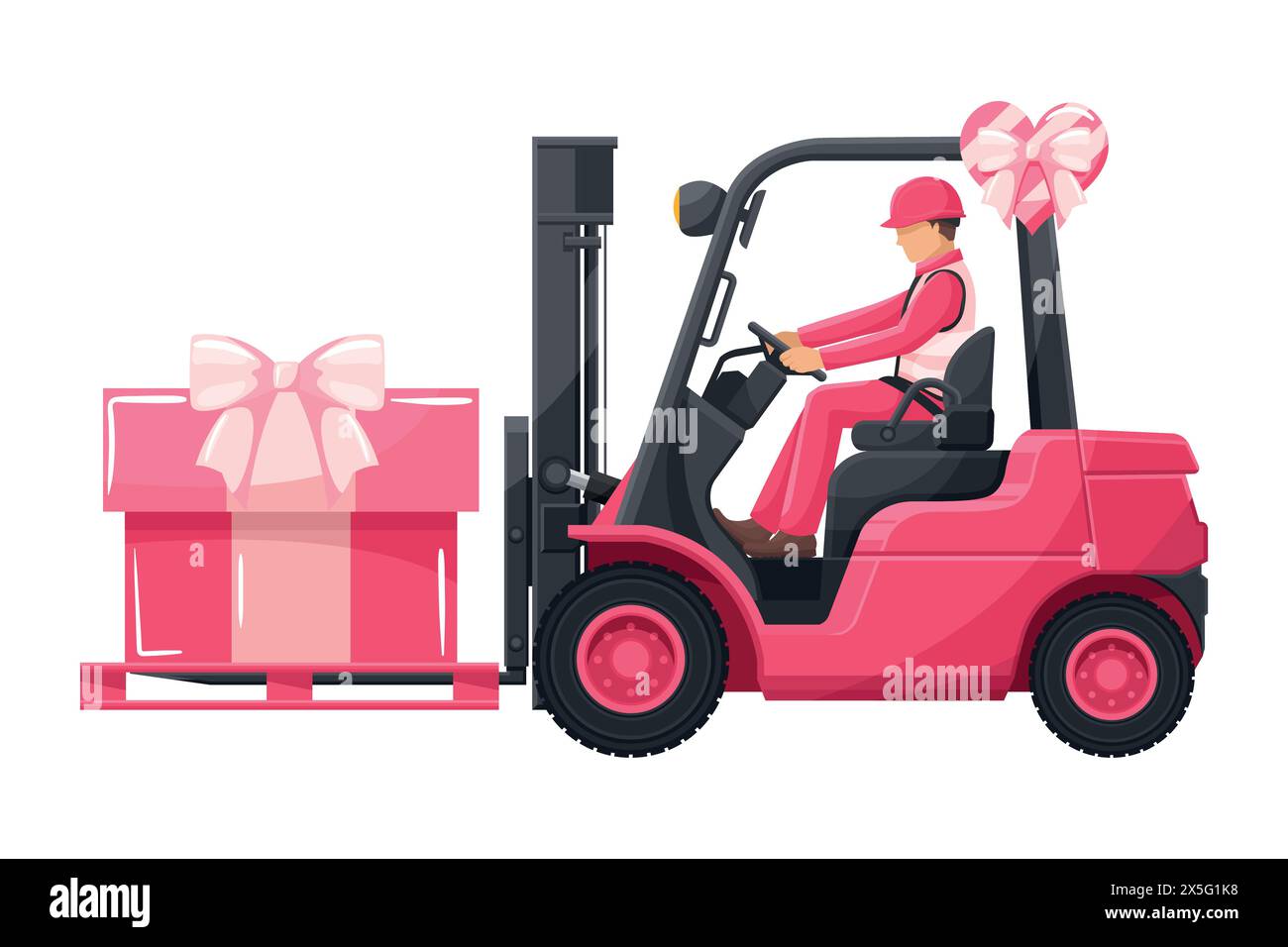 Industrial worker driving a pink forklift carrying a gift box for ...