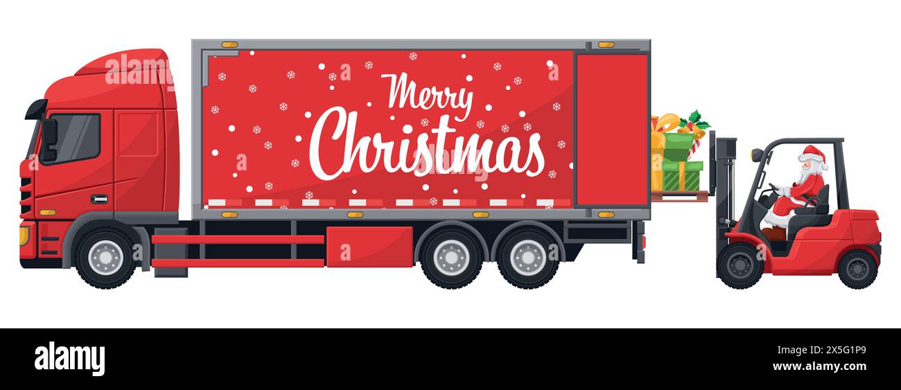 Santa Claus driving a red forklift loading gift boxes into a container ...