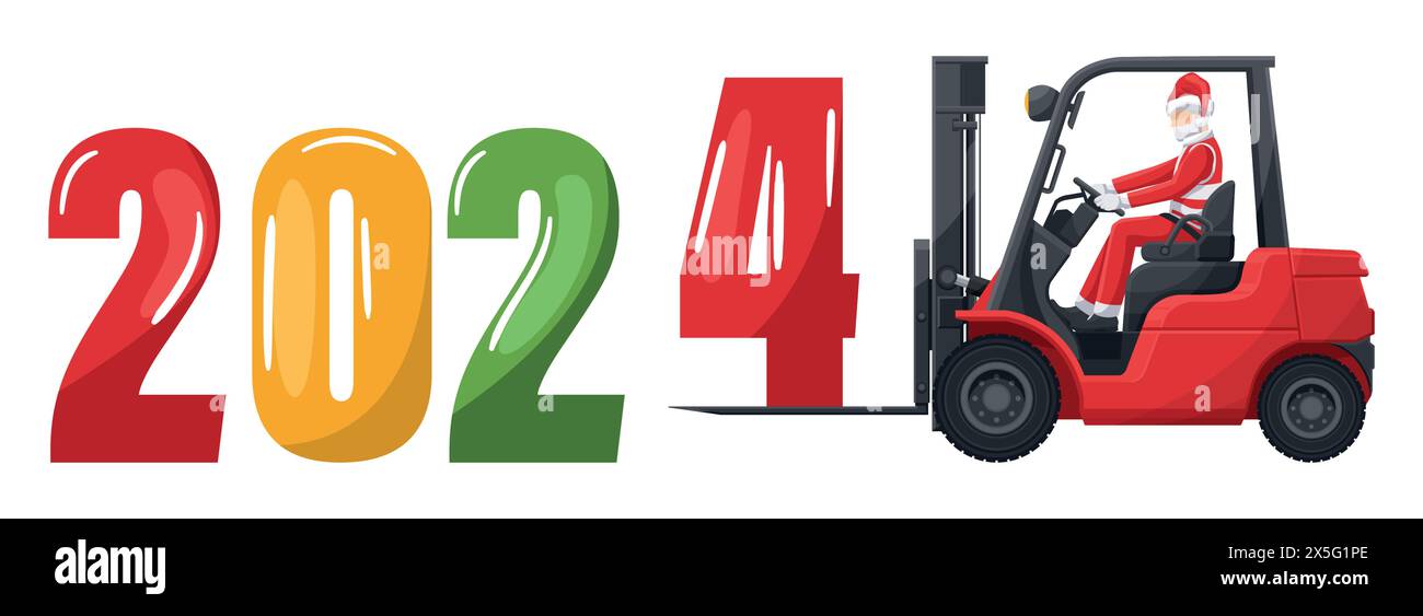 Santa Claus driving a forklift placing the year 2024. Celebrating the ...