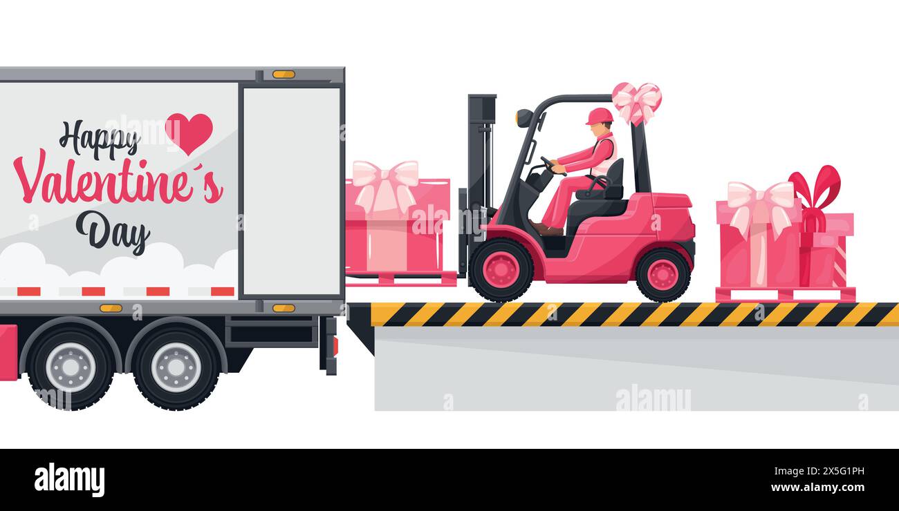 Industrial worker driving a pink forklift loading gift boxes to a container truck celebrating ...