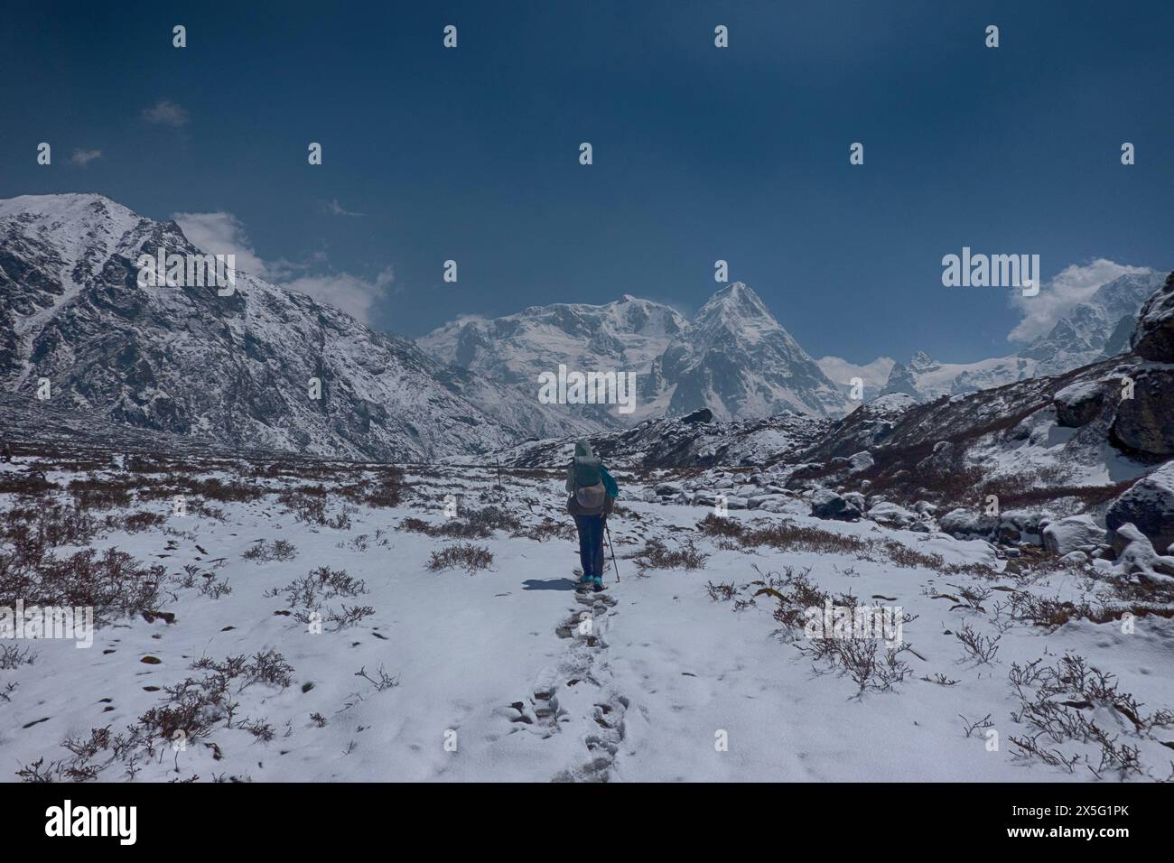 View of Ratong (Rathong), Kabru, and Talung peaks heading to south base ...