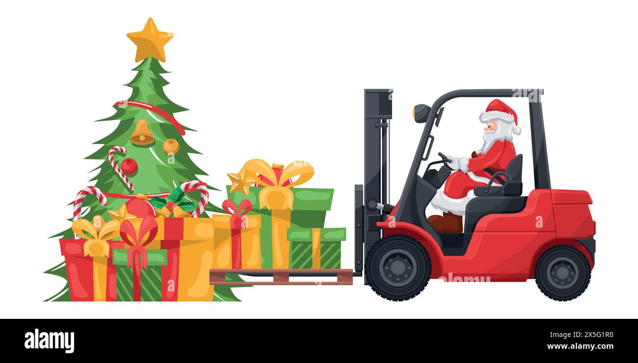 Santa Claus driving a red forklift. Christmas tree, gift boxes and ...