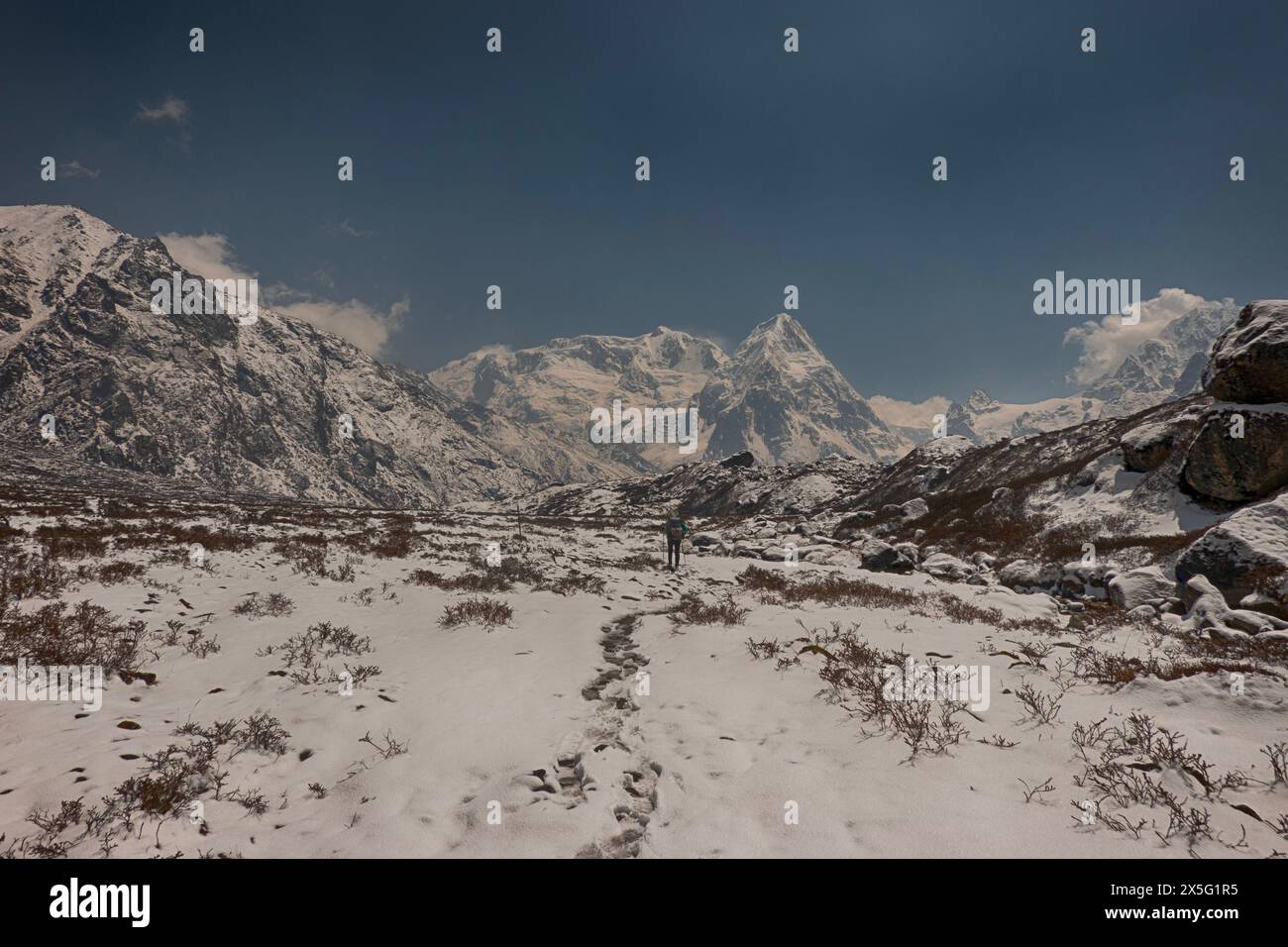 View of Ratong (Rathong), Kabru, and Talung peaks heading to south base ...