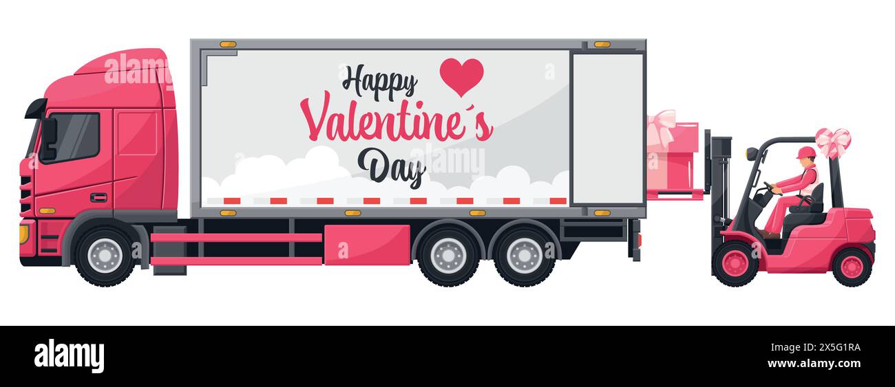 Industrial worker driving a pink forklift loading gift boxes into a ...