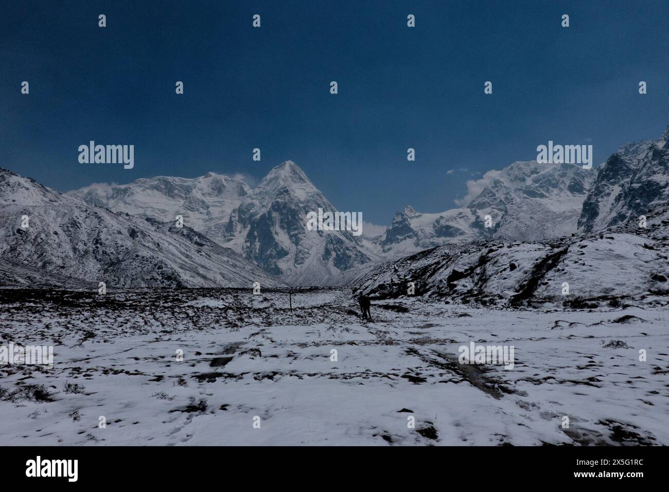 View of Ratong (Rathong), Kabru, and Talung peaks heading to south base ...