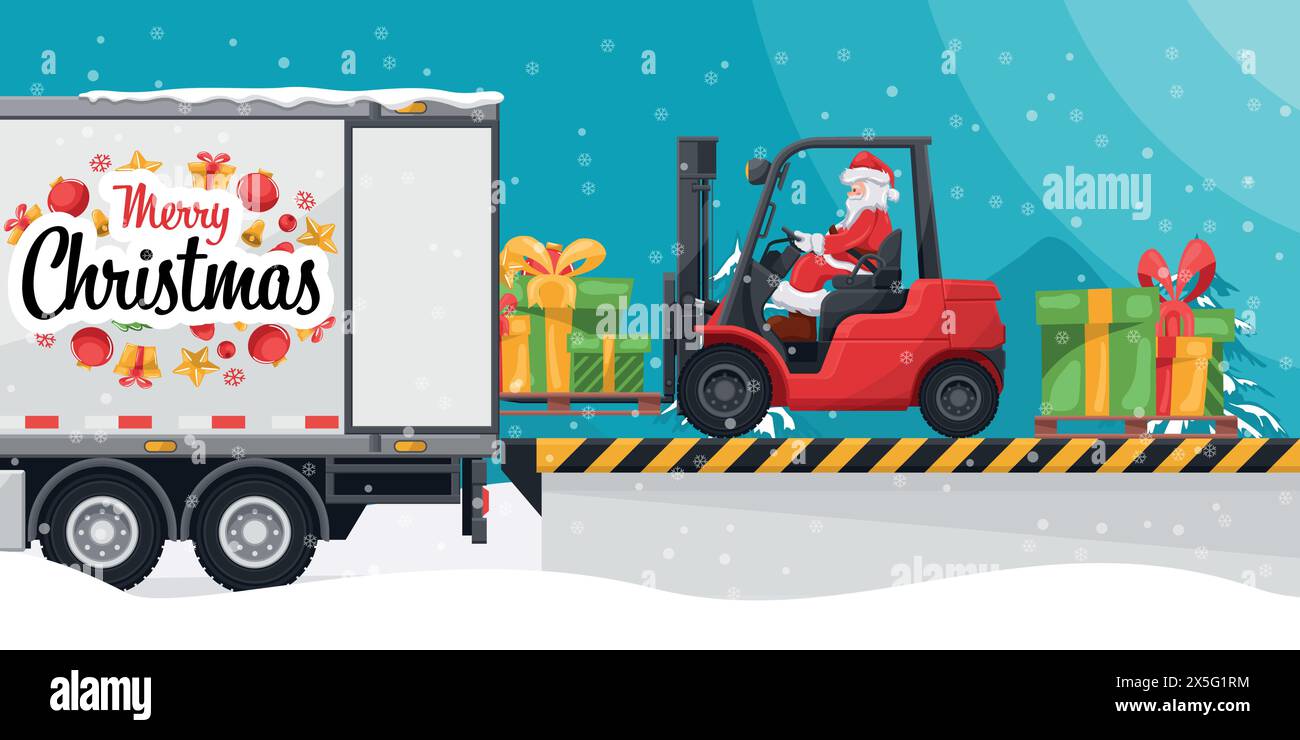 Santa Claus driving a forklift. Loading gifts to a container truck at ...