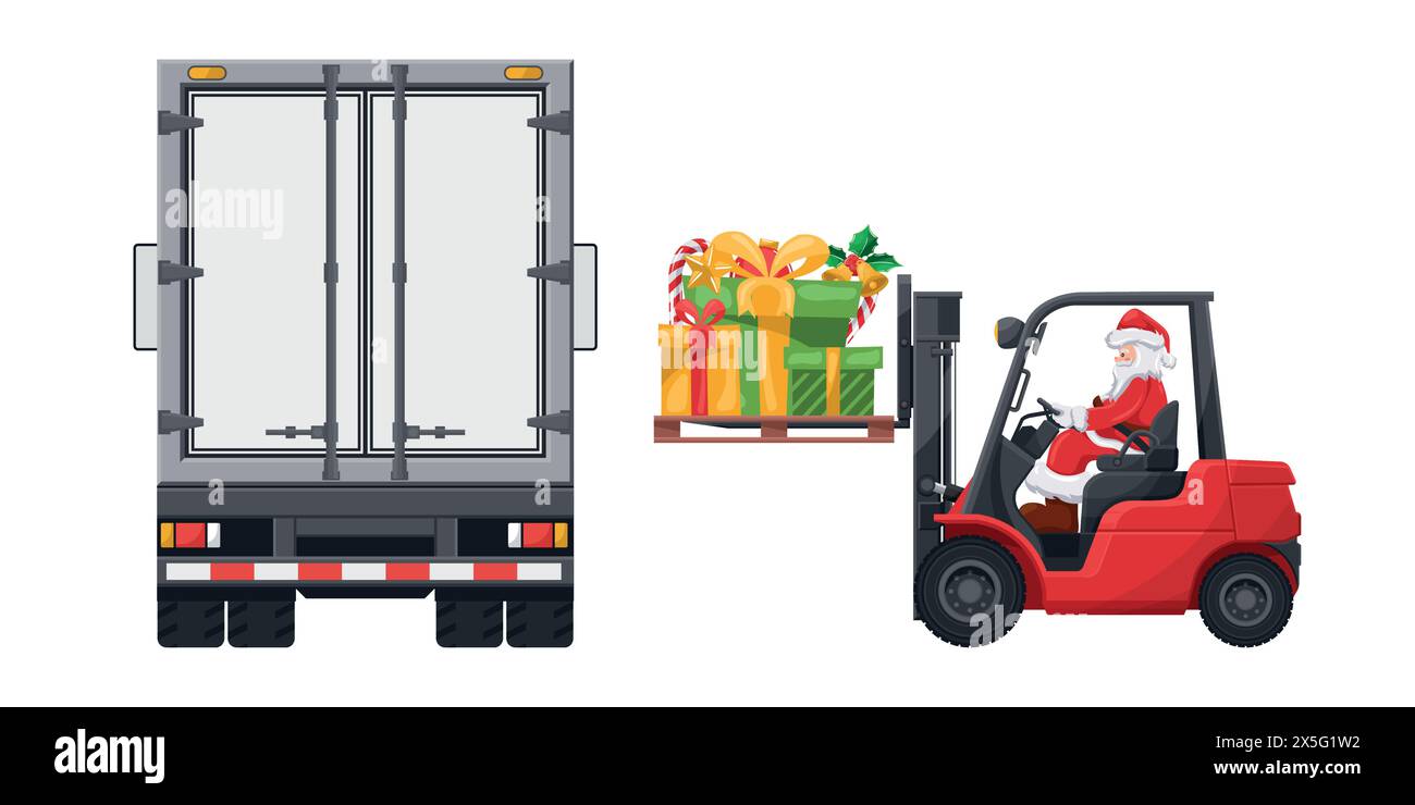 Santa Claus driving a red forklift . Loading gift boxes into a ...