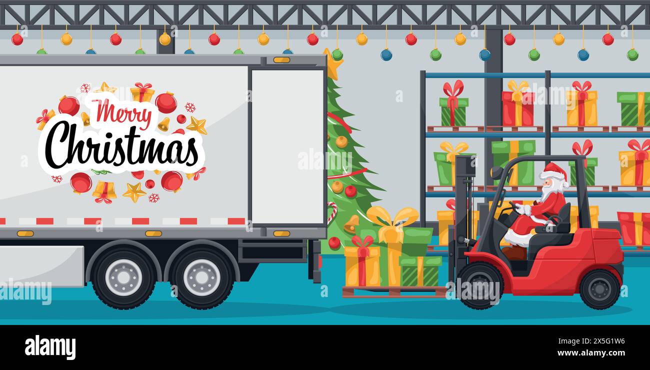 Warehouse with pallet racks with boxes. Santa Claus driving a forklift ...