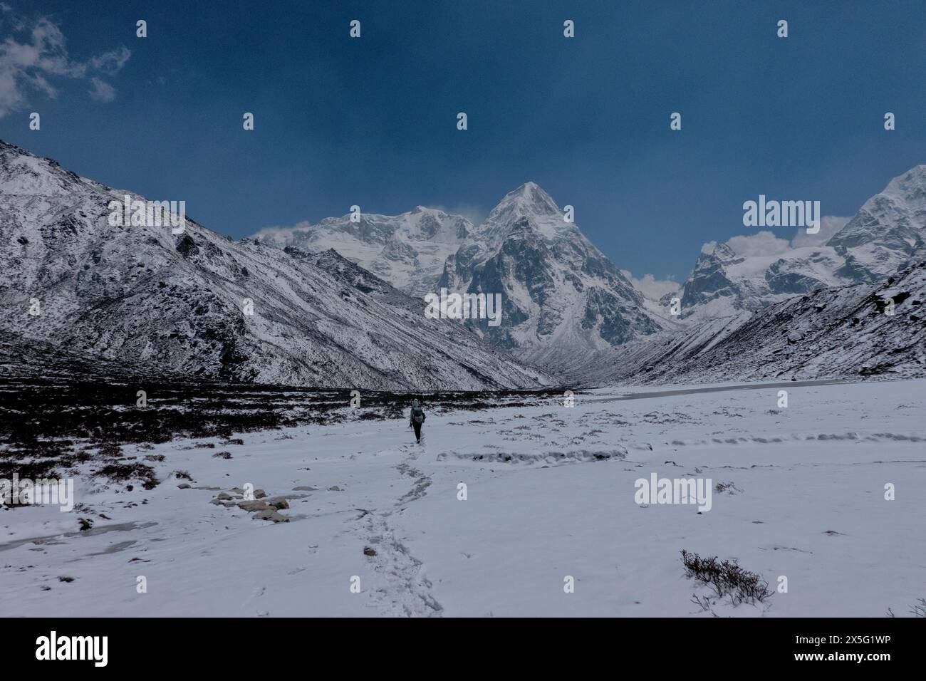 View of Ratong (Rathong), Kabru, and Talung peaks heading to south base ...