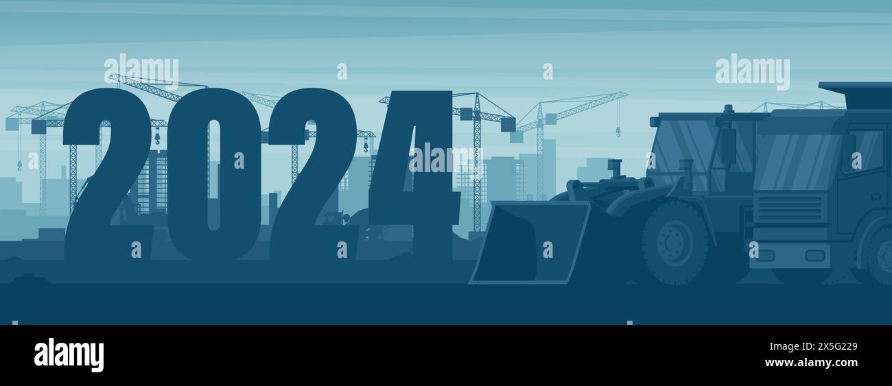 Dawn in a city under construction with the year 2024 with dumper truck ...