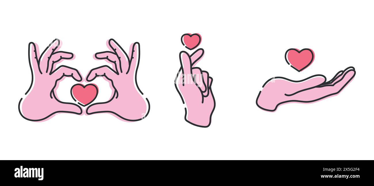 Heart On Cupped Hands Line Icons Isolated On White Background Set Of