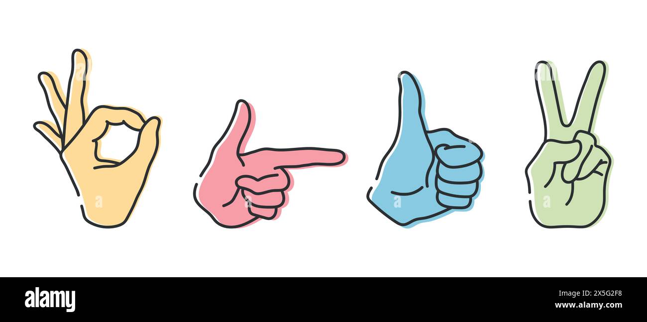 Hands with gestures OK, peace sign, thumb up and pointing index finger. Line icons set isolated ...