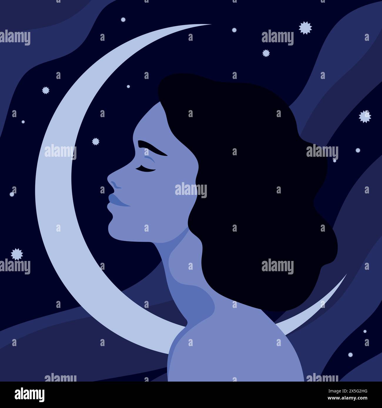 Young woman profile with closed eyes on crescent background. Portrait ...