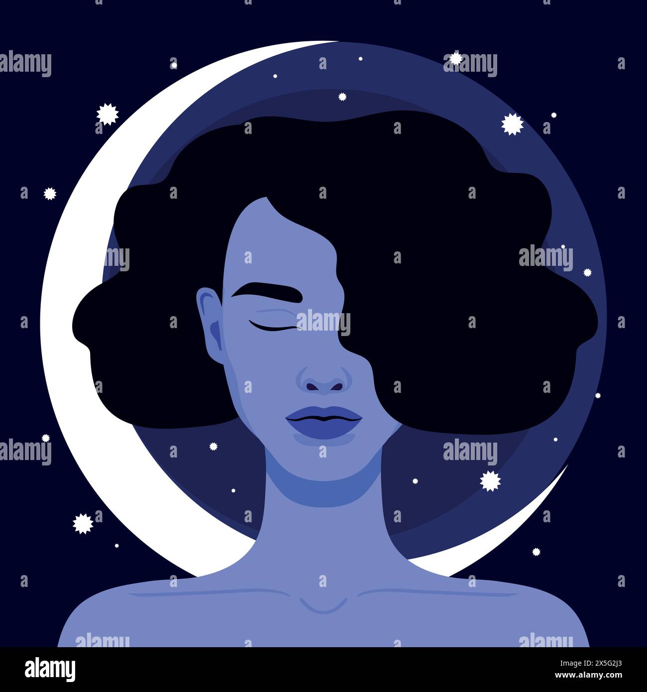 Young woman with closed eyes on night sky background. Portrait or ...