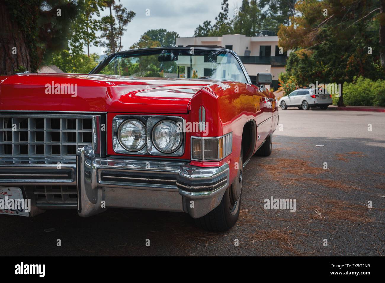Classic Red Convertible Car on Residential Street, 1970s American ...