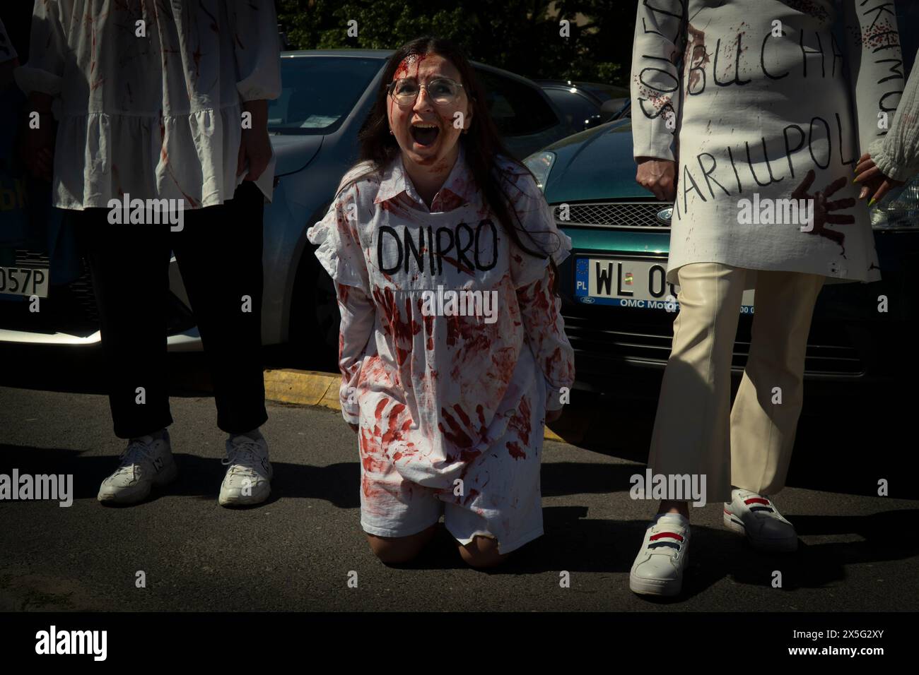 Warsaw, Poland. 09th May, 2024. Protesters are seen at the Soviet ...