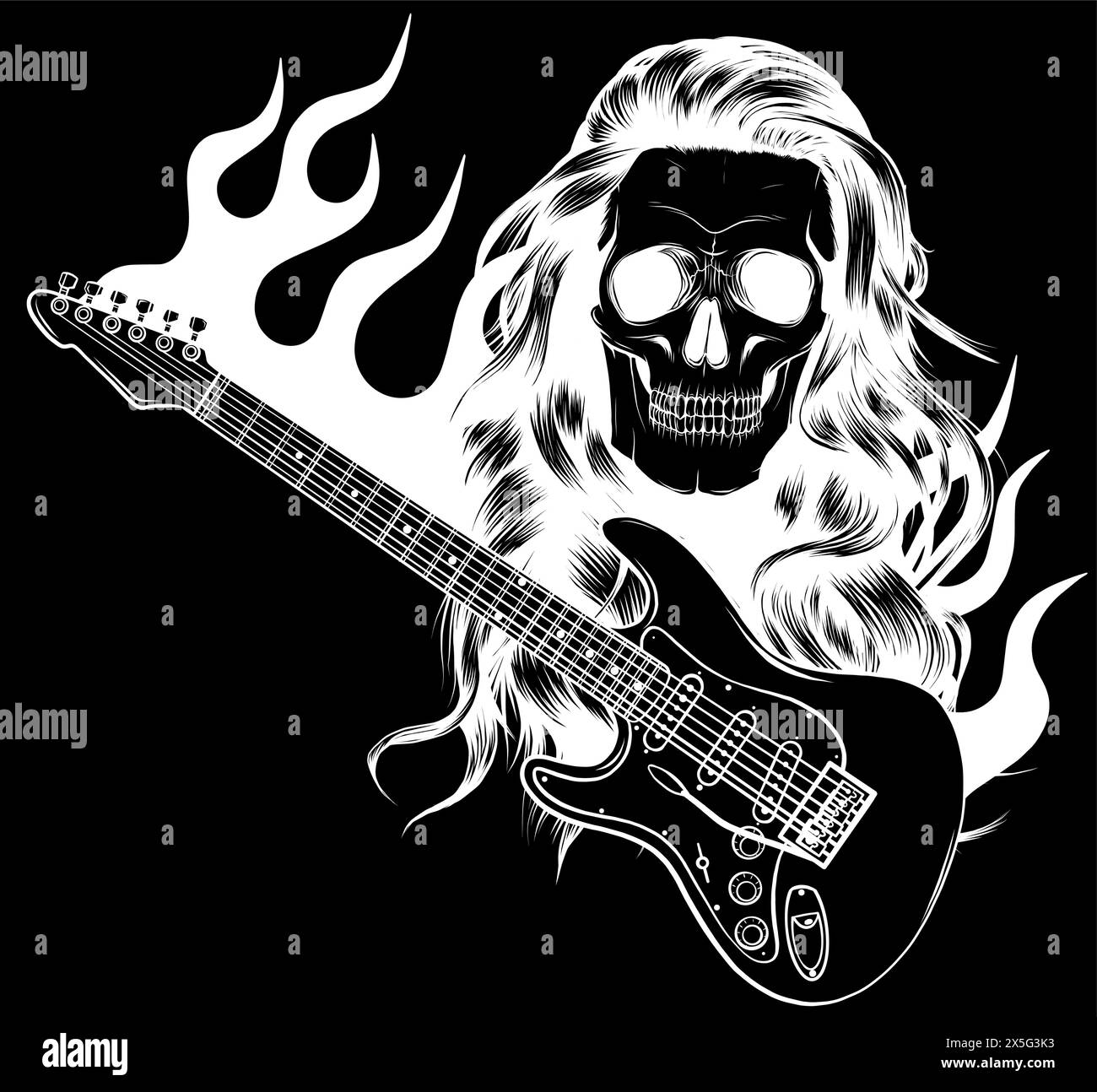 white silhouette of heavy metal skull with guitar on black background ...