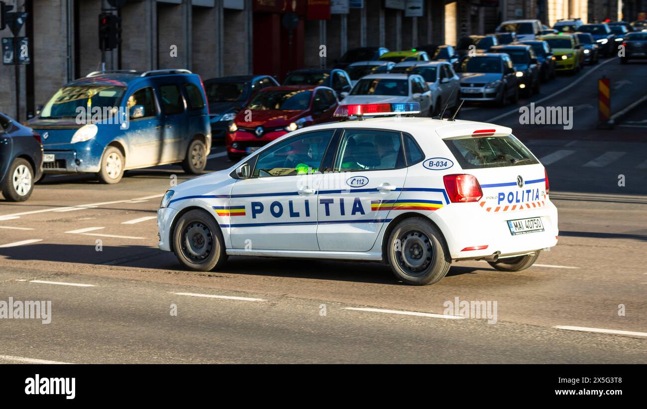 Romanian Police Car in traffic during rush hour in Bucharest Stock ...