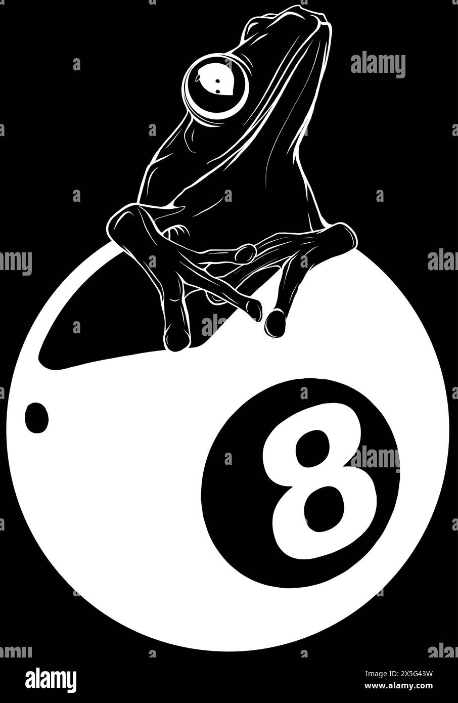 white silhouette of frog on biliard eight ball on black background ...
